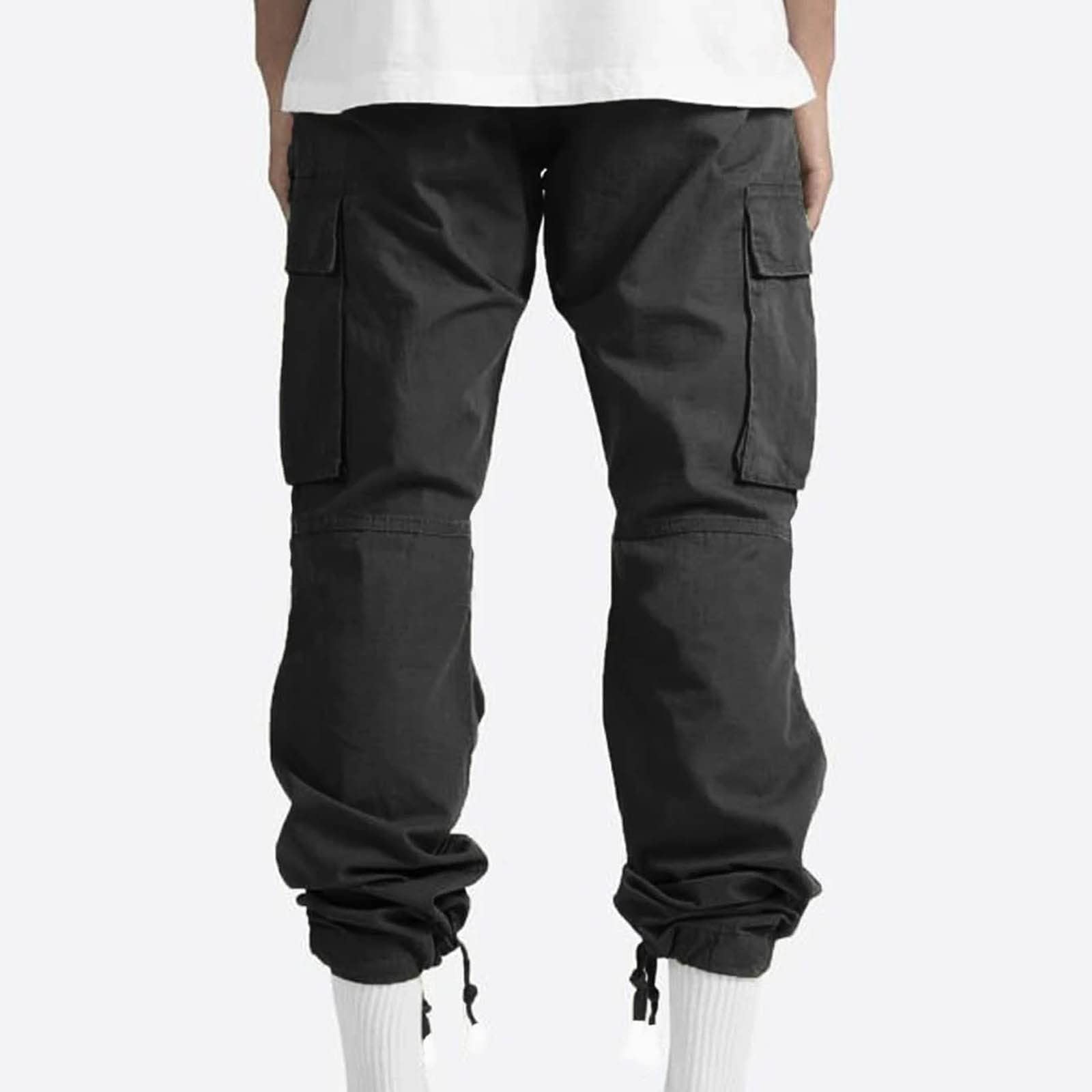 Mens Cargo Pants Plus Size Casual Outdoor Gym Pants with Pockets Solid Color Drawstring Trousers Streetwear
