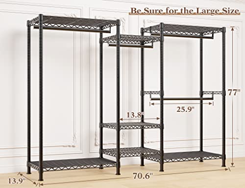 Raybee 77" H Clothes Rack Heavy Duty Clothing Racks for Hanging Clothes 720LBS Adjustable Clothing Rack Portable Closet Racks for Hanging Clothes Wire Garment Rack Black 13.9" D x 70.6" W x 77" H