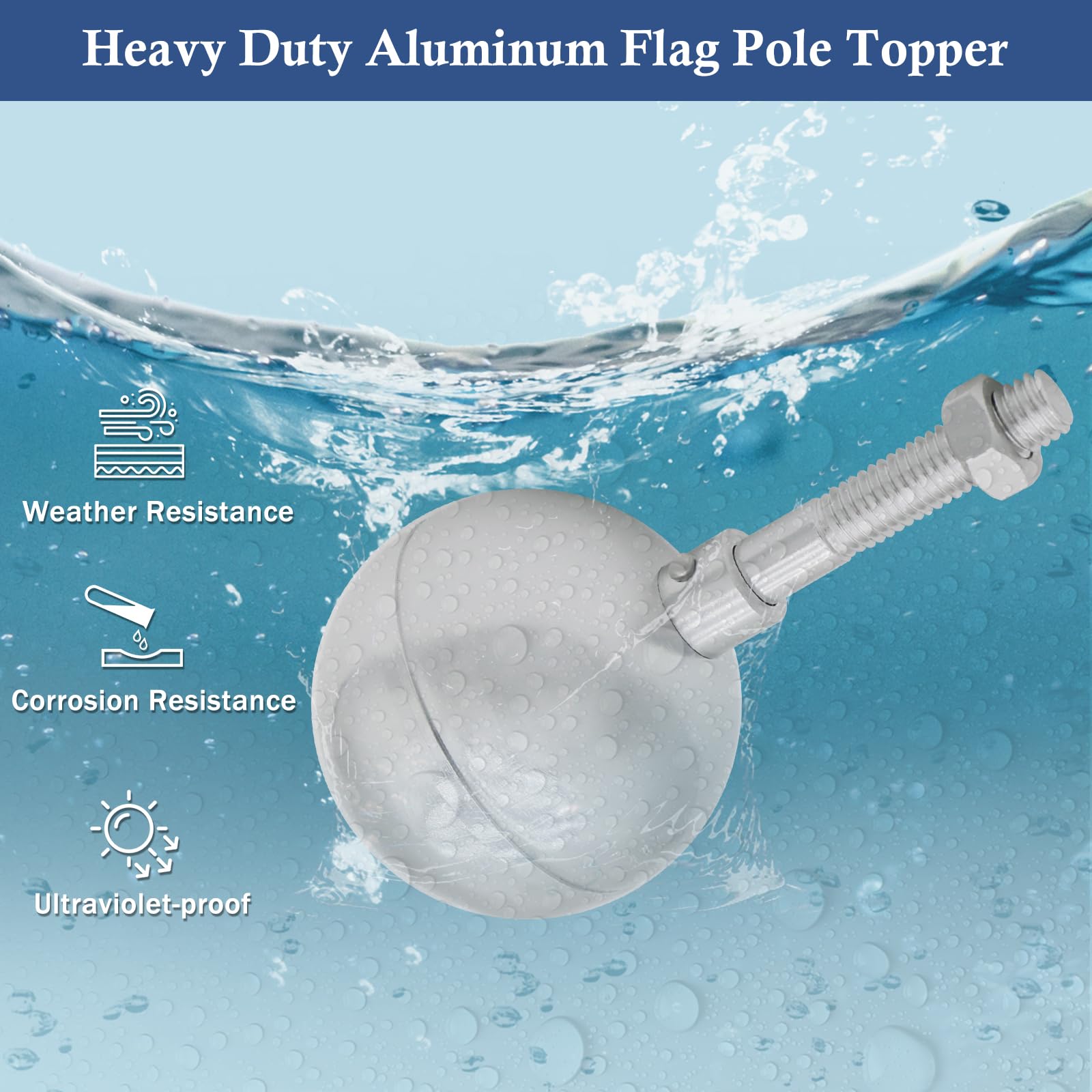 NQ Flag Pole Ball Topper Ornament - Flagpole Top Replacement, Aluminum Anodized Finish - 1/2"-13UNC Threading Fit Most USA Flag Pole,Truck & Solar Light (3", Silver)