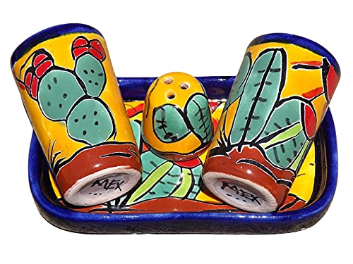MEXTEQUIL - Authentic Mexican Talavera Tequila Shot Glasse with Tray and Salt Shaker - 2 Shots, 4pieces - Giffable - Artisanal colorful hand-painted (Cactus)