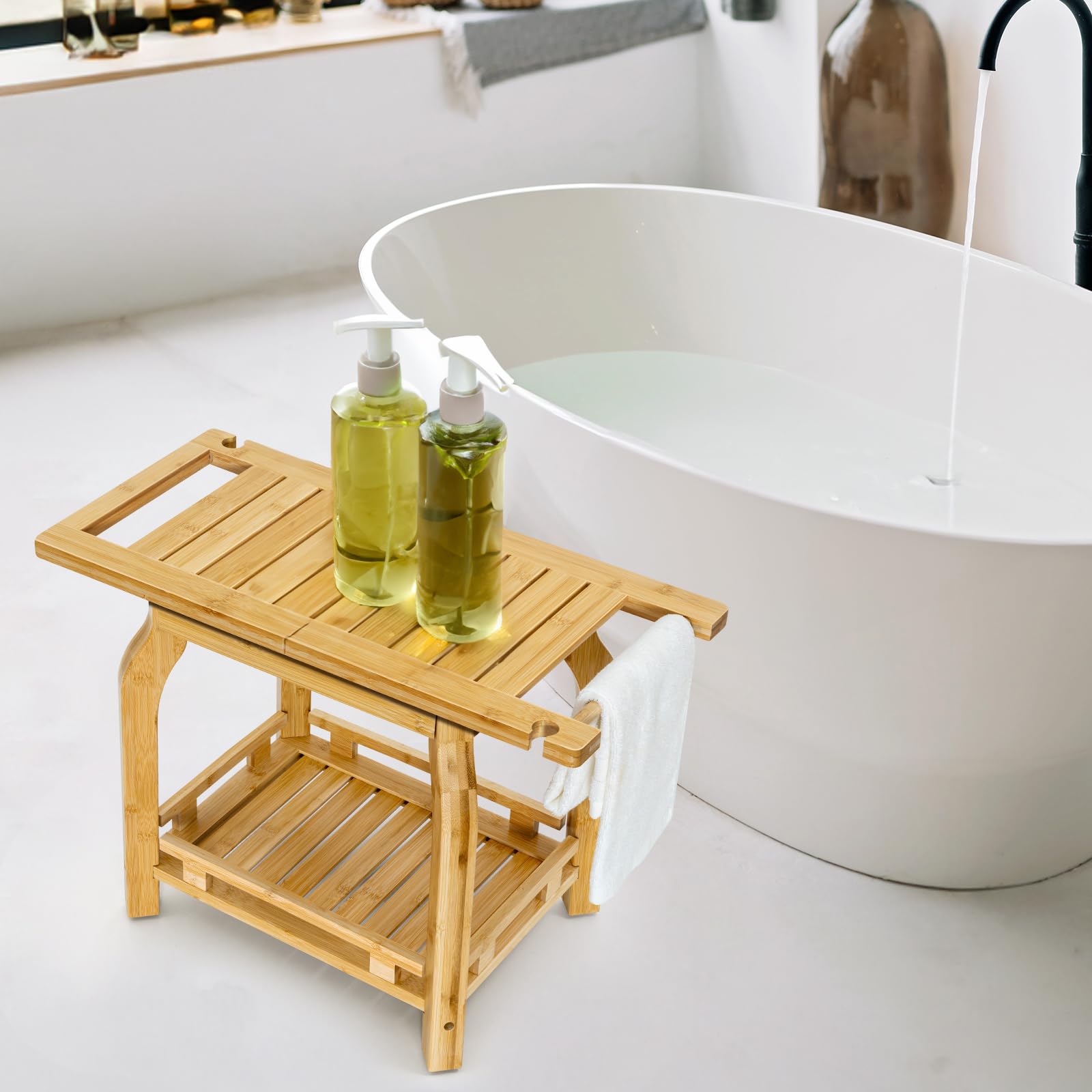 TEAKMAMA 2-Tier Bamboo Shower Bench, 25" Waterproof Shower Stool with Storage Shelf, Shower Chair Bath Seat with Handle for Bathroom Bathtub Elderly Disabled