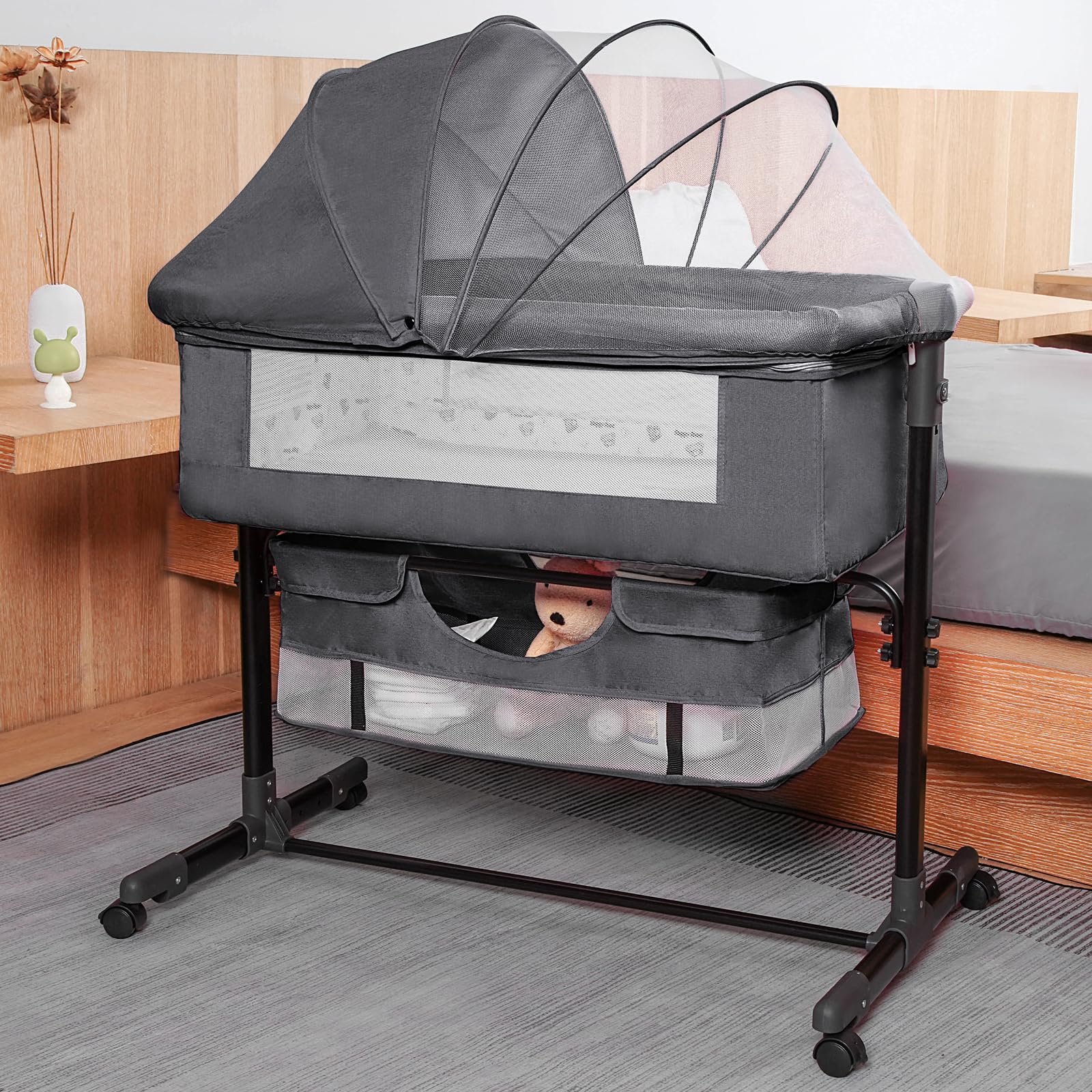 RICUTON Bassinet Bedside Sleeper, 3 in 1 Bedside Bassinet for Baby with Mosquito Nets and Wheels, Large Storage Bag, Heigt Adjustable, Easy Assemble