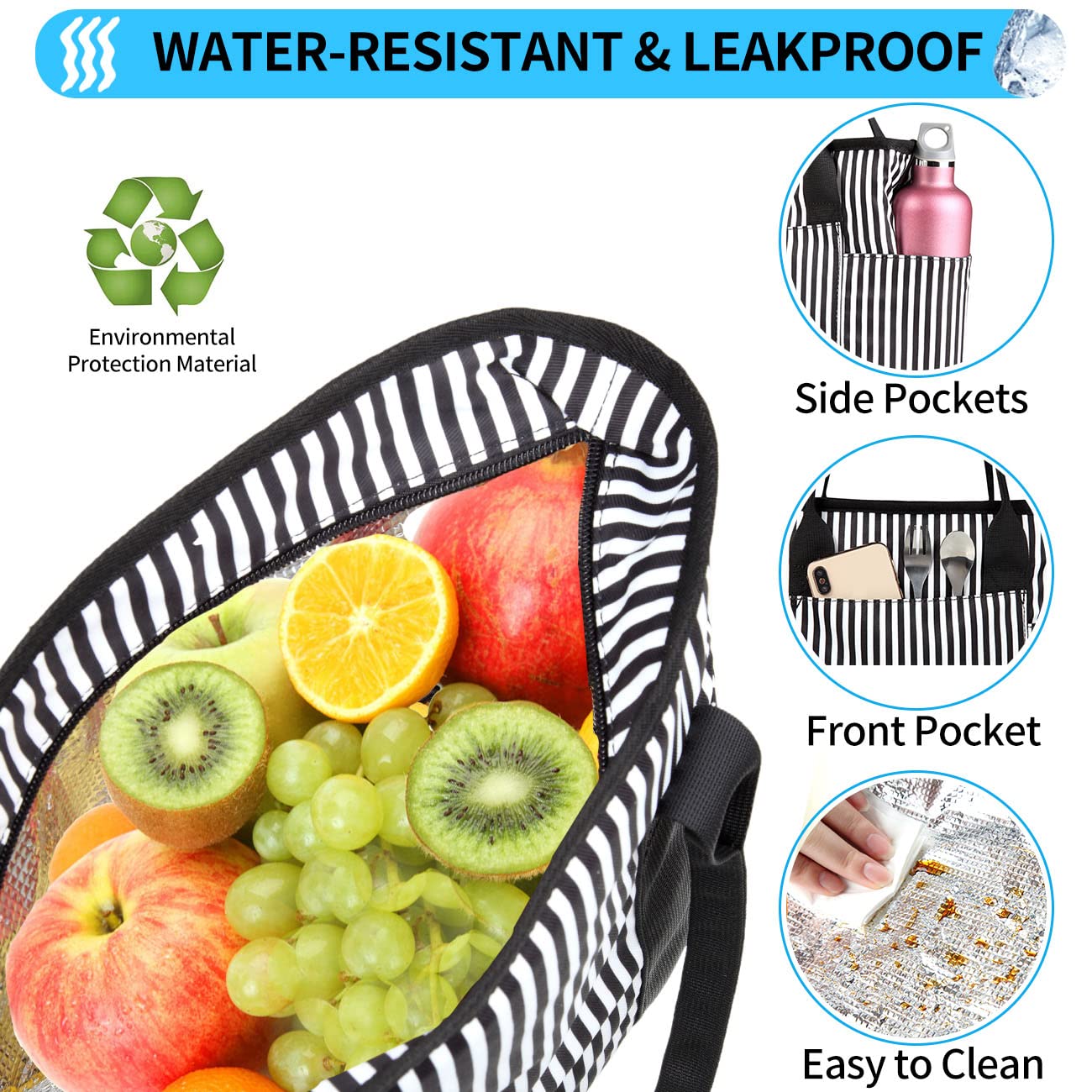 Lunch Bag for Women, ChaseChic Insulated Thermal Lunch Tote Bag Large Lunch Box Container for Adults with Adjustable Shoulder Strap, Reusable Lunch Cooler Bag for Office Work Picnic, Stripe