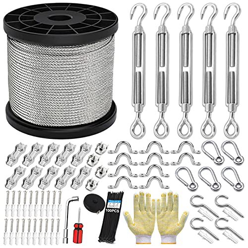 NQN 170FT Globe String Light Suspension Kit, Outdoor String Light Suspension Hanging Kit Guide Wire for Patio, Garden-Vinyl Coated 304 Stainless Steel Wire Cable, Turnbuckle, Hooks, Full Accessories