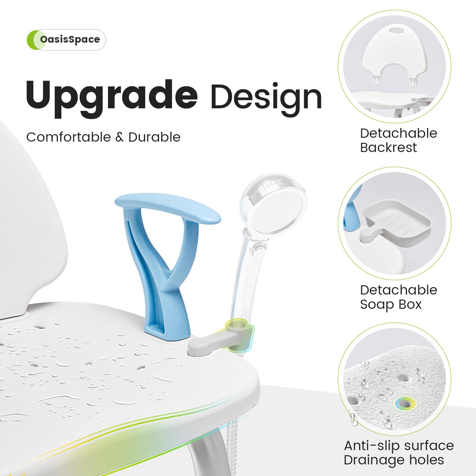 OasisSpace Shower Chair for Inside Shower - 450lbs Heavy Duty Bathroom Shower Chair with Back and Arms, Wide Seat Shower Stool with Handles, Adjustable Handicap Shower Seat for Senior and Disabled