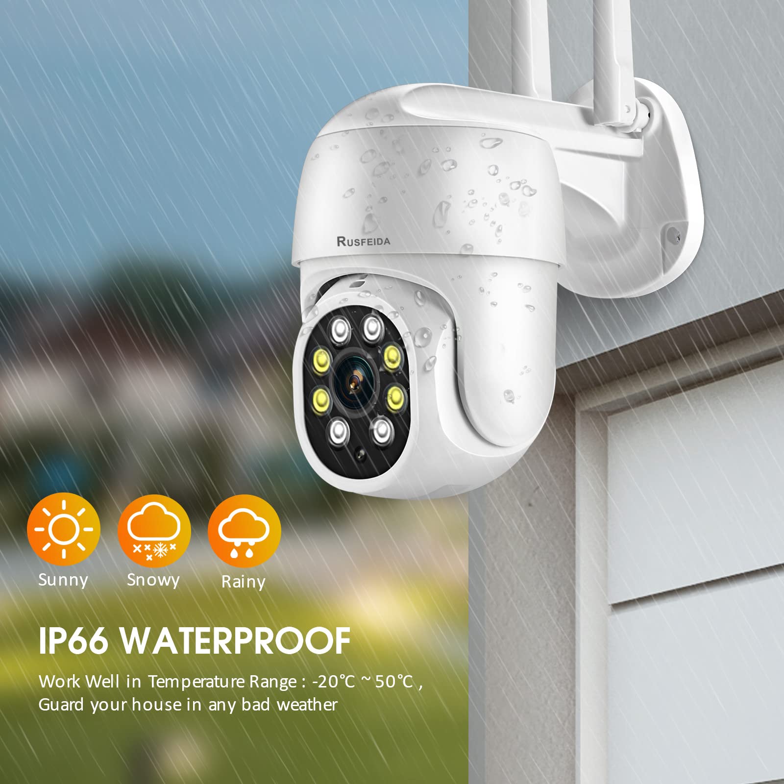 RUSFEIDA 2K 3MP Security Camera Outdoor, Cameras for Home Security Outside Outdoor PTZ Wireless WiFi 2.4G, IP66 Waterproof, Color Night Vision, 2-Way Talk, Auto Tracking, Siren Alarm