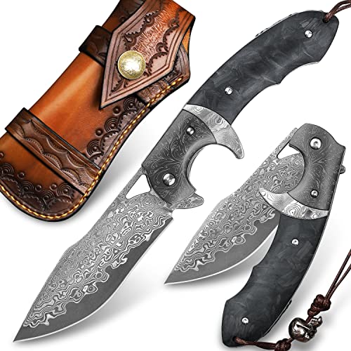 Minowe Handmade Damascus Steel Folding Knife with leather case,3.8in VG10 steel core blade,Steel ball bearings+Carbon Fiber handle,Tactical pocket knife Hiking carry EDC Knife