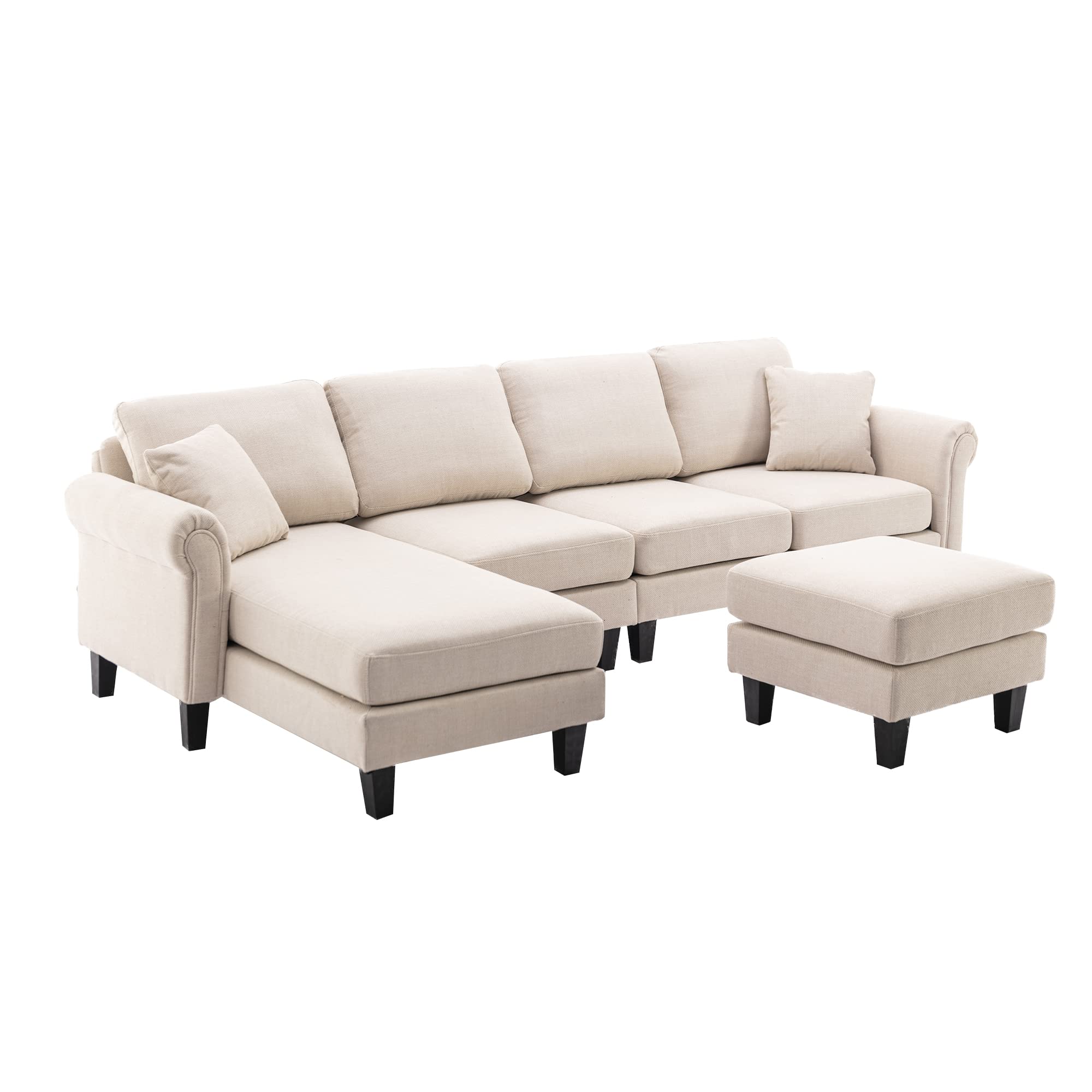 STLVUEO Modern Sectional Sofa, Living Room Combo Sofas Couch, L-Shaped Couches Chaise Lounge Sofa with Ottoman Set, Plastic Feet, for Living Room, Office, Studio, Condo, Beige
