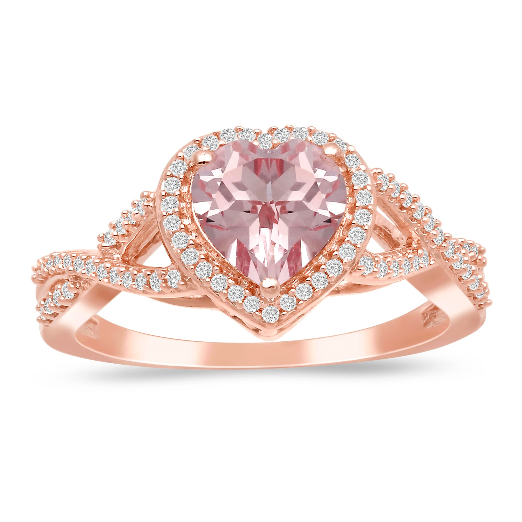 Jewelili Rose Gold over Sterling Silver 7 MM Heart Shape Created Morganite and Round Created White Sapphire Heart Ring, Size 7
