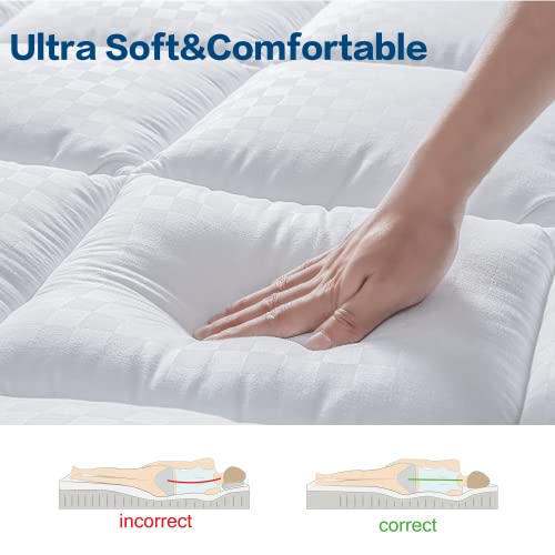 Queen Mattress Topper Pillow Top Extra Thick Cooling Mattress Pad Cover for Back Pain Plush Soft with 8-21 Inch Deep Pocket 3D Snow Down Alternative Fill - White