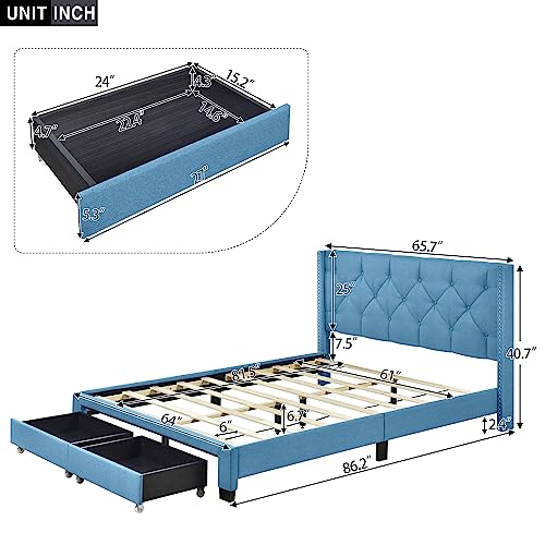 Queen Platform Bed with Headboard,Upholstered Linen Wood Bed Frame with Two Storage Drawers for Kids Girls Boys Teens Adults, No Box Spring Needed(Blue)