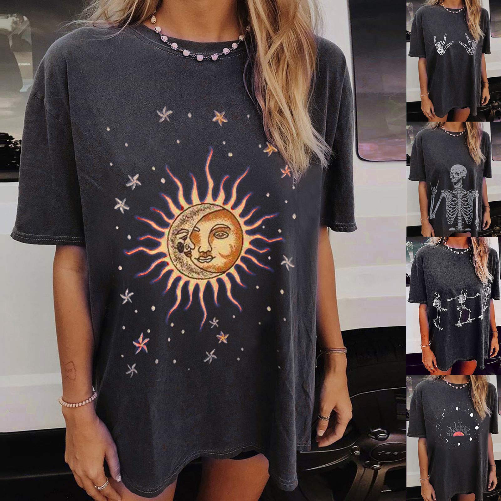 Printed Short Sun Women's Pattern Vintage Moon Blouse and Tops Sleeve Casual Women's Blouse Women's Active Shorts Dark Gray