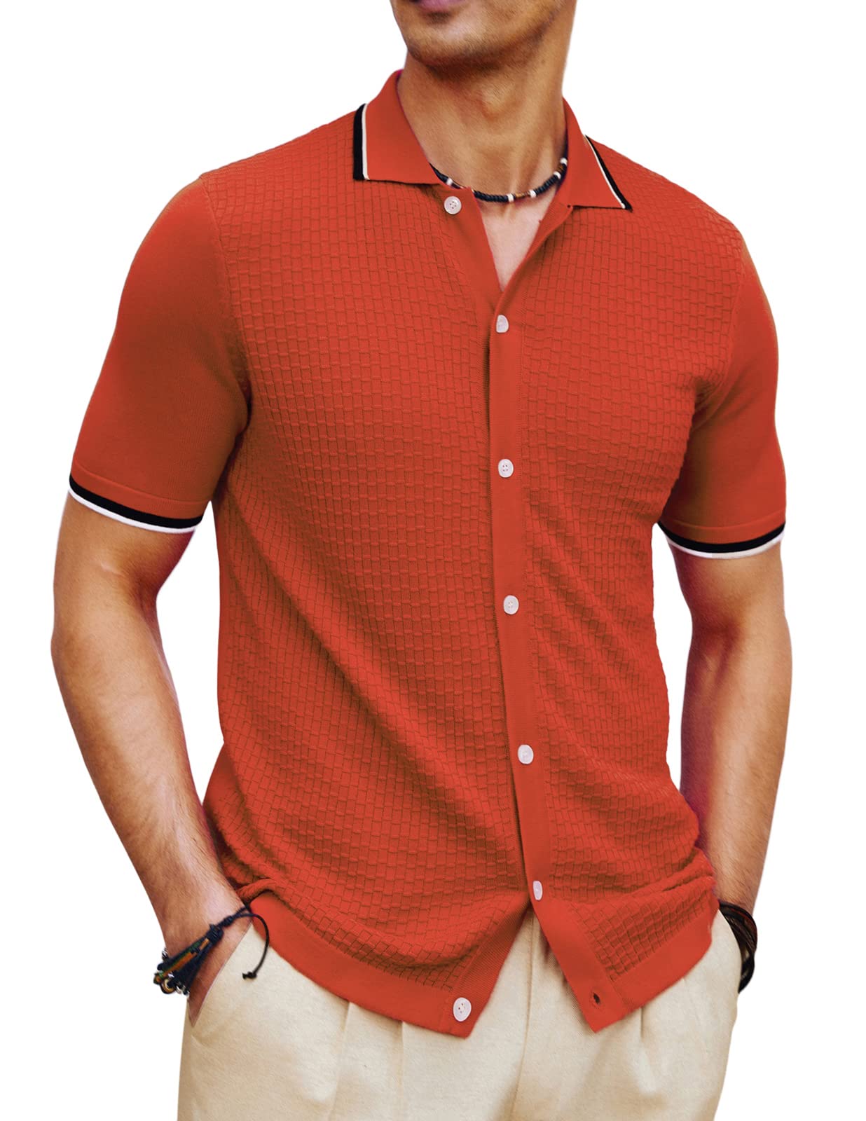 Mens Vintage Cable Knitted Polo Shirts Old Money Stylish Polo Golf Shirts Red