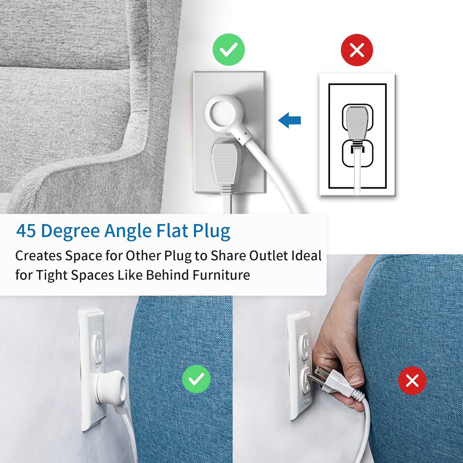NTONPOWER Flat Plug Power Strip Bundle, 2 Outlets 3 USB Compact Power Strip with 25ft and 15 ft Extra Long Extension Cord, Right Angle Plug for Office, Home, Nightstand, Dorm Essentialsā¦