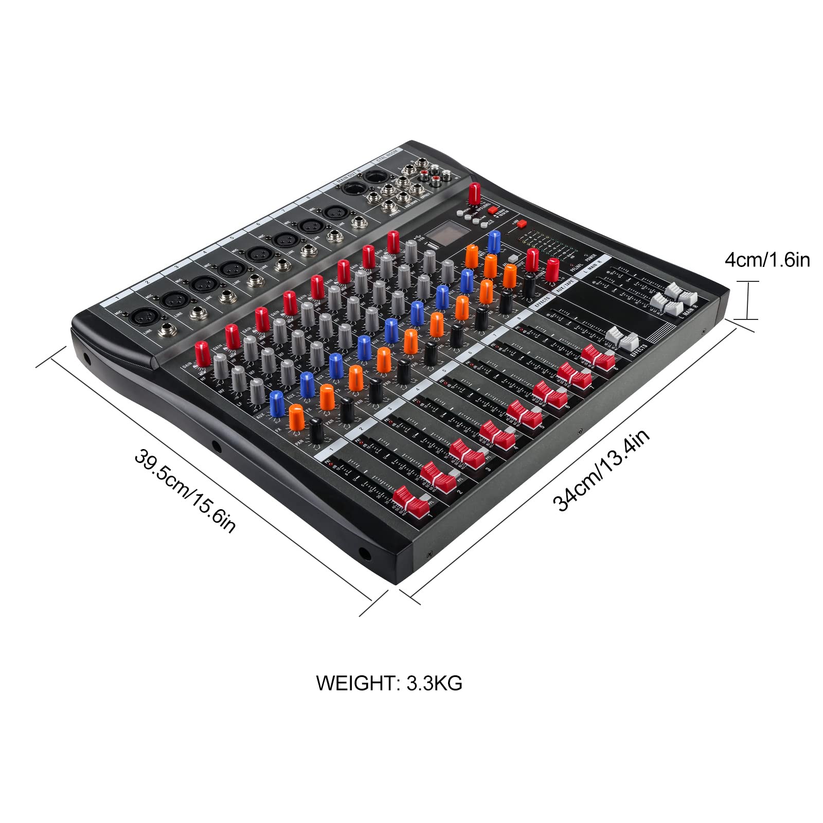 Mixers Audio 8 Channel Mixer, Dj Mixer Board Mixer Audio Bluetooth MP3 Mixer for Music With 48V Phantom Power Stereo FX Analog Digital Effects, Usb Audio Mixer for Karaoke Speakers