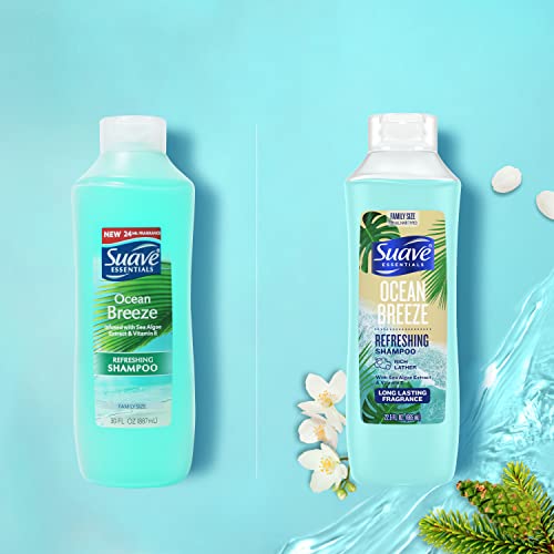 Suave Essentials Refreshing Shampoo, Infused with Sea Algae Extract and Vitamin E, Ocean Breeze Hair Shampoo with a Long Lasting Fragrance 22.5 oz