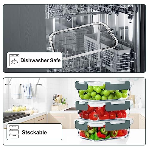 VERONES 10 Pack 22 OZ Glass Meal Prep Containers, Airtight Glass Lunch Containers Set, Glass Food Storage Containers with Lids,BPA-Free, for Microwave, Oven, Freezer & Dishwasher Friendly,Grey