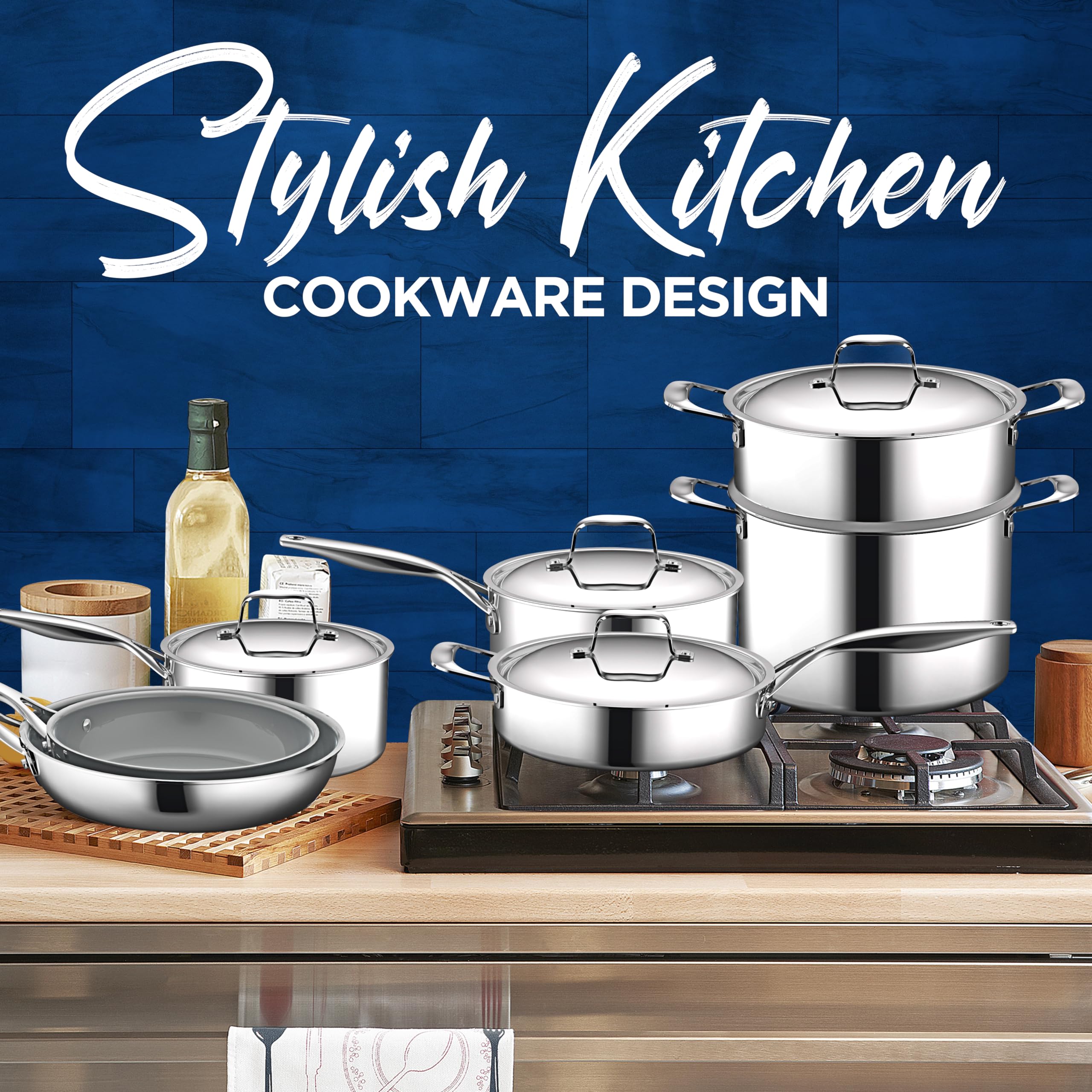 NutriChefKitchen Kitchenware Pots & Pans Set-12-Piece Set Clad Kitchen Cookware w/Steel Handles,Fry Pan Interior Coated w/Prestige Ceramic Non-Stick Coating,Stylish Kitchen Cookware,one size,NCSSX45