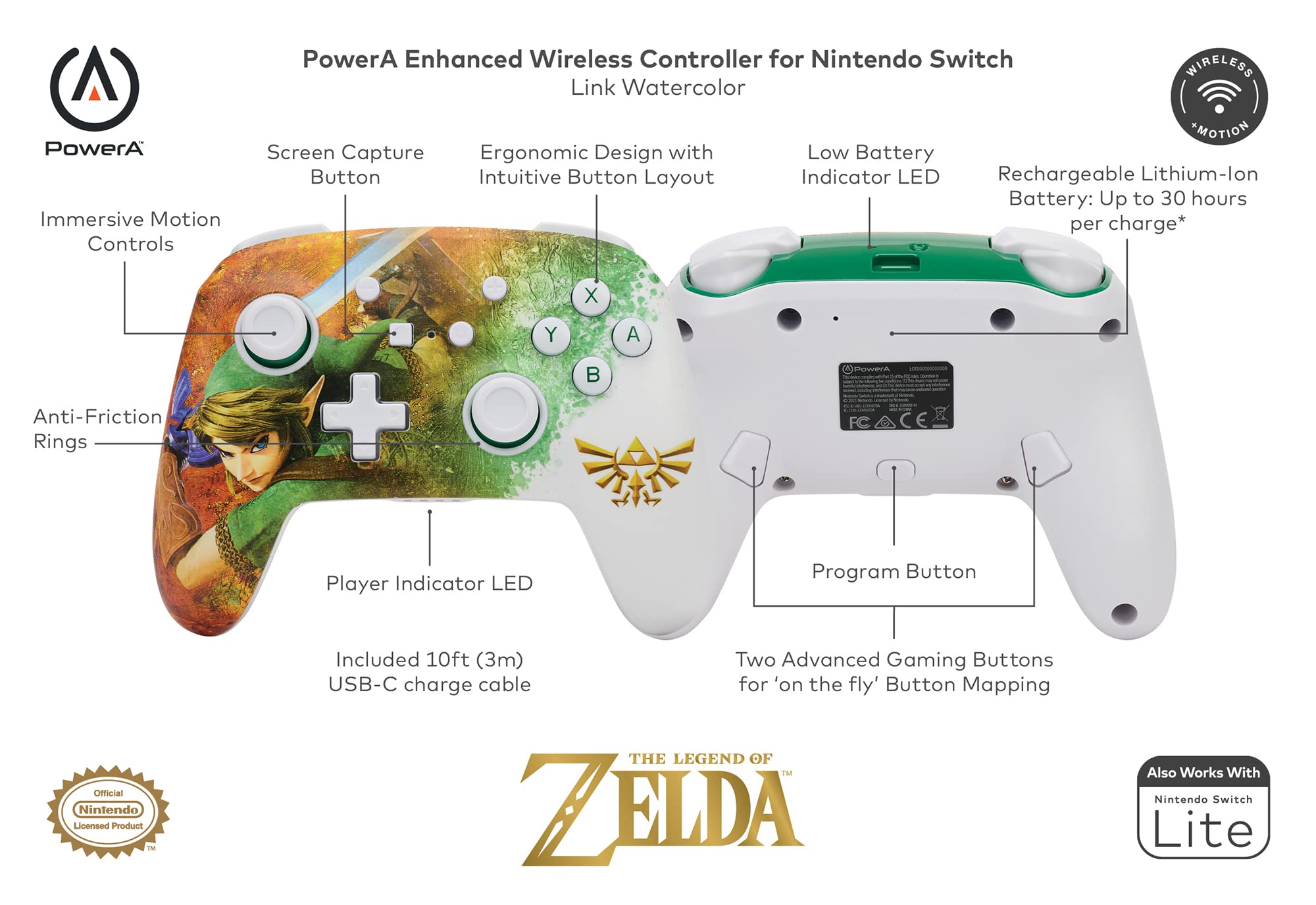 PowerA Enhanced Wireless Controller for Nintendo Switch - Link Watercolor, Gamepad, Game Controller, Bluetooth Controller, Rechargeable