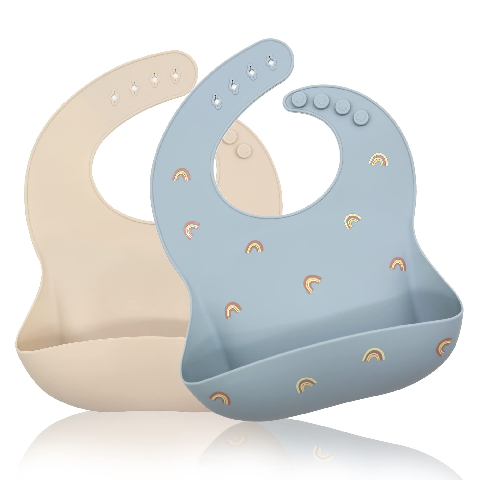 Santi & Me Silicone Bibs for Babies & Toddlers, Soft Waterproof Bibs with Food Catcher Pocket, Adjustable Baby Feeding Bibs 2 PCS (Beige&Dusty blue)