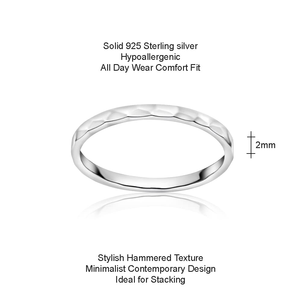 Hoops & Loops Sterling Silver Polished Hammered Midi Stackable Thin Wedding Band Ring, Size 9