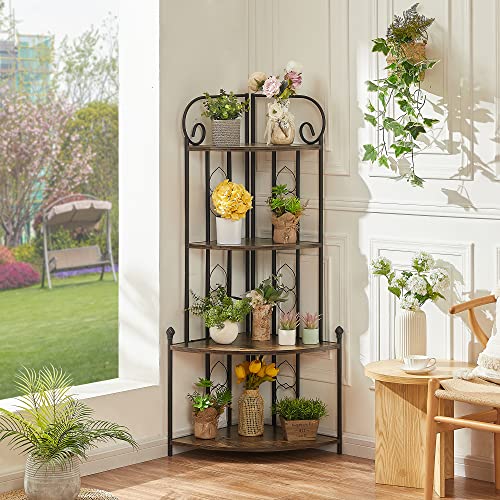VECELO 4-Tier Ladder Corner Shelf with Metal Frame, Multipurpose Bookshelf Bookcase, Plant Stand & Storage Display Shelves for Living Room, Bedroom, Office, Rustic Brown