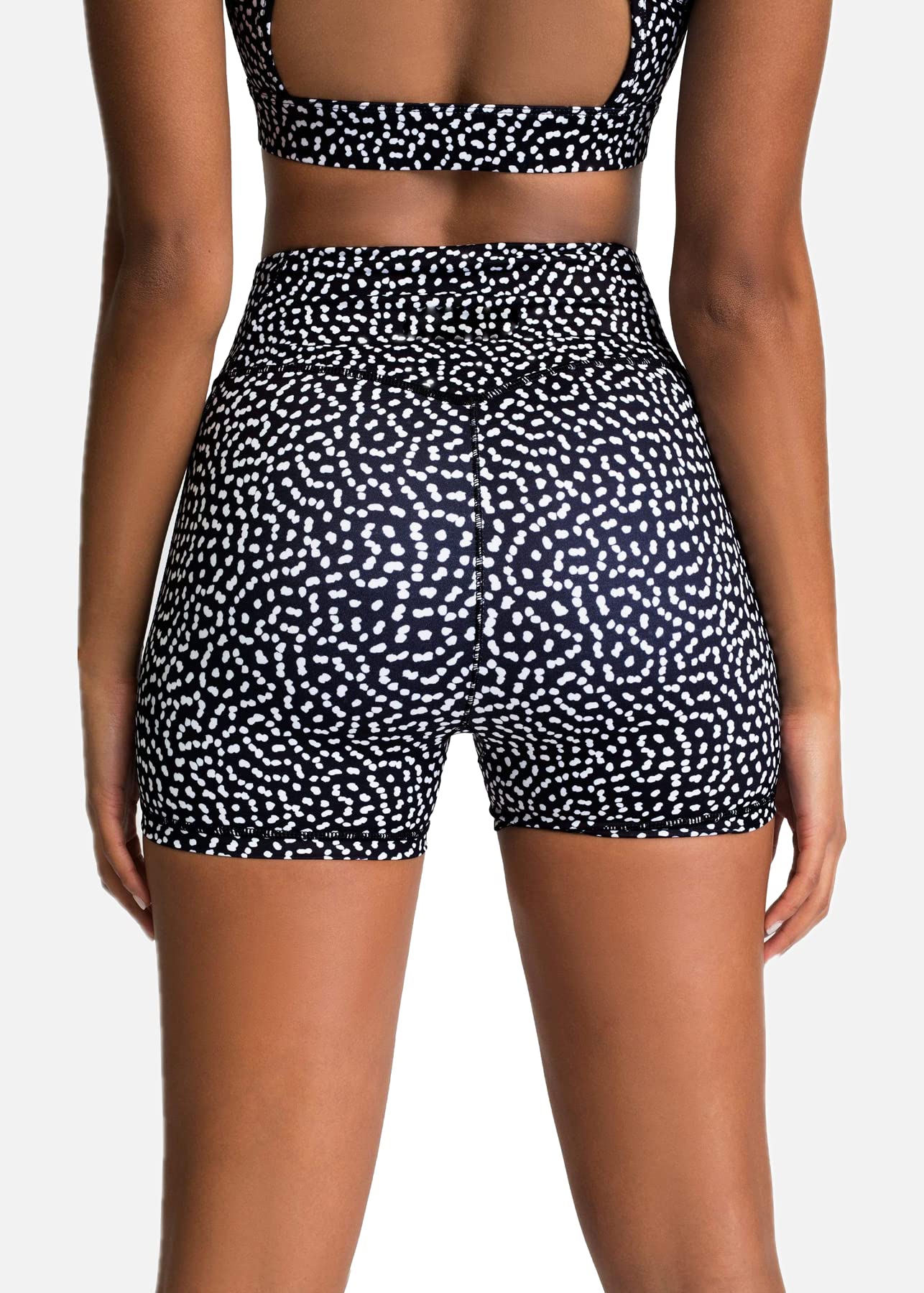 IWEMEK Women Workout Sets 2 Piece Polka Dot Print High Wasit Biker Shorts + Backless Adjustable Strap Sport Bra Yoga Outfits Exercise Running Gym Clothes Black Polka Dots Medium