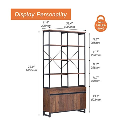 WAMPAT 2 PCS of 73" Tall Bookshelf with Storage Cabinet,5 Tier Industrial Standing Display Bookcase for Home & Office