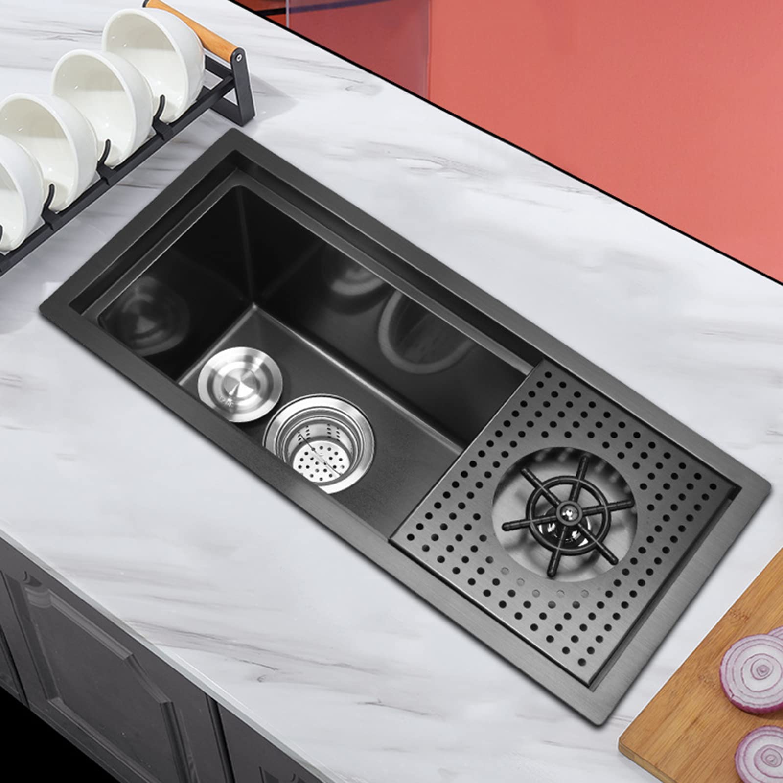 QINTH Bar Sink with Glass Rinser, Stainless Steel Undermount Prep Kitchen Sink, 23.4 X 10.2 Inches Single Bowl, for Hotel Cafe Restaurant Workstation