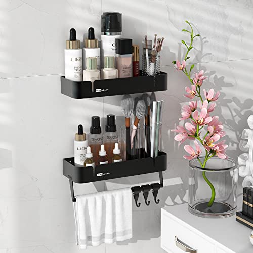RCHYFEED 11.7”Shower Caddy with Towel Bar, Shower Organizer Adhesive,Metal Rustproof Bathroom Shower Shelf Rack with Hook, Drilling-Free Self Adhesive Storage Shelf for Bathroom & Kitchen(Black)