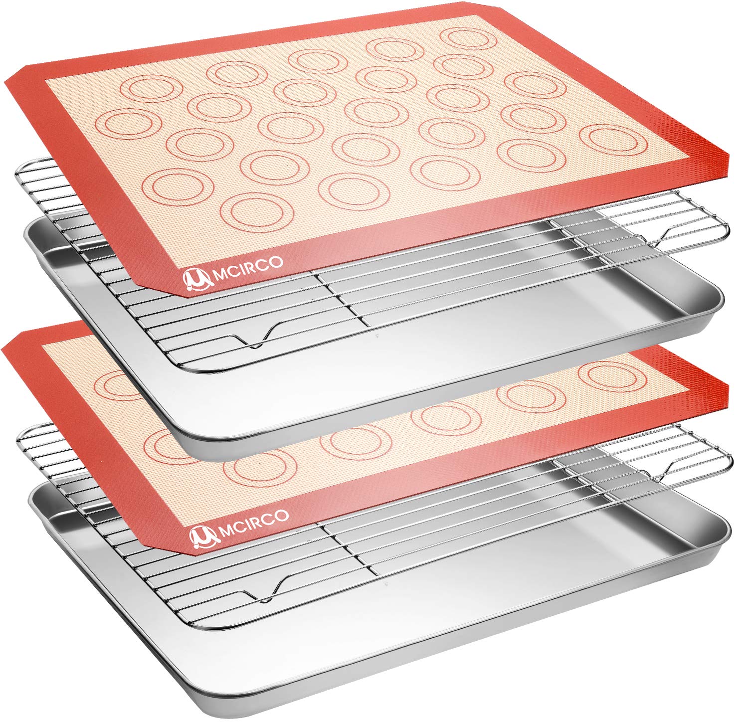 MCIRCO 6 Piece Stainless Steel Baking Sheet with Rack with Silicone Baking Mat Set (2 Pans + 2 Racks + 2 Mats), 17.3 x 13 x 1 Inch Cookie Sheet with Cooling Rack, Non Toxic, Heavy Duty & Easy Clean