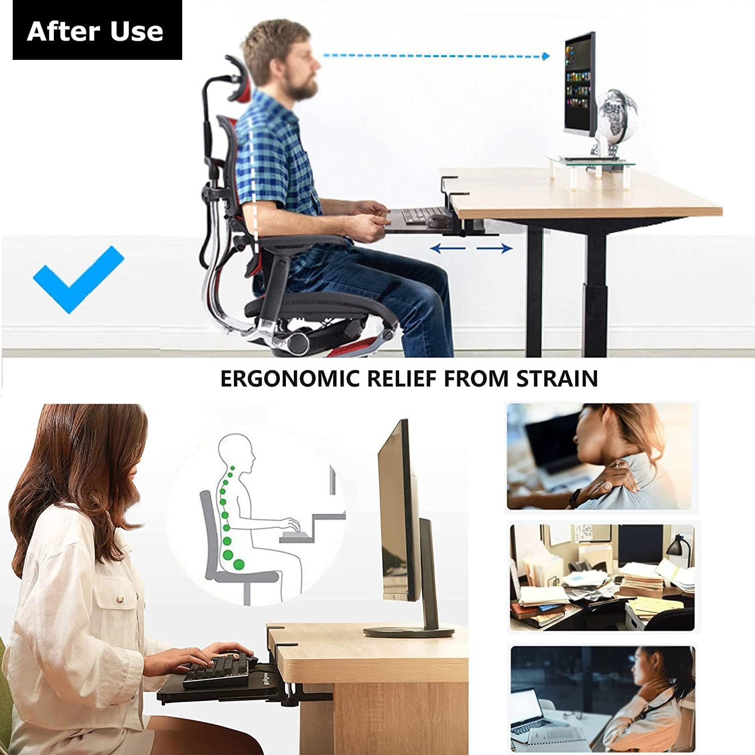 Keyboard Tray Stores Under Desk 4 Colours Wooden Keyboard Tray Storge Shelves Under Desk Sliding, Push-Pull Keyboard Shelf/Keyboard Mouse Support, Height Adjustable Keyboard Drawer Stand
