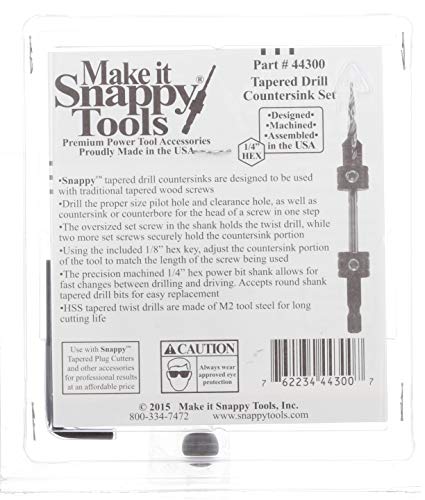 Snappy Tools 44300 New 3-Piece Hex Shank Tapered Drill Countersinks Set For #6/#8/#10 Wood Screws, Reusable, Use With Round Shank Tapered Twist Drills, 1.8-Inch Hex Key, 1/4-Inch Hex Power Bit Shank