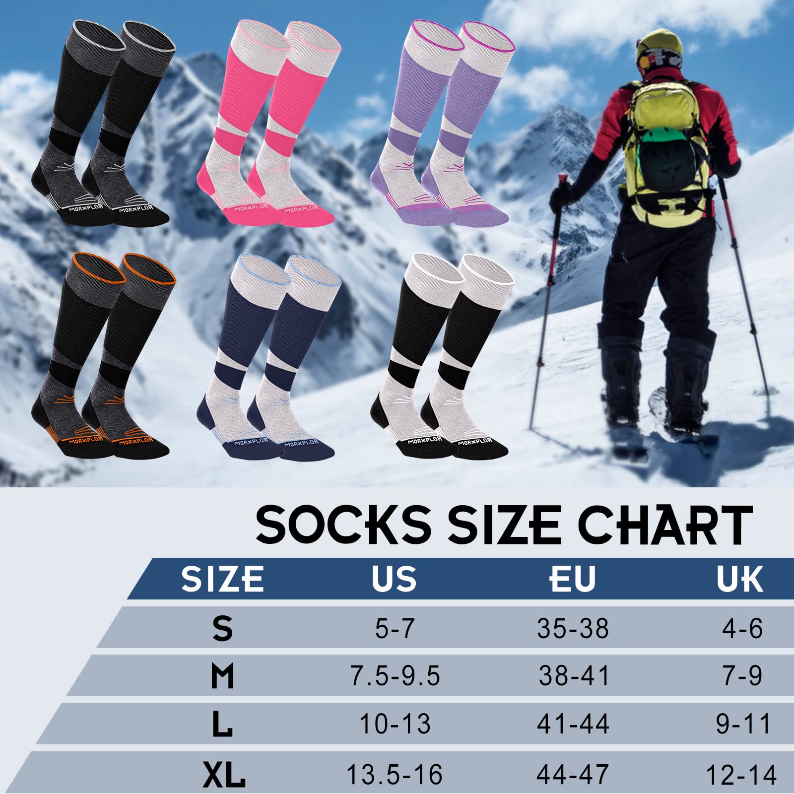MORXPLOR Merino Wool Ski Socks 2 Pairs Pack for Men&Women,Skiing and Snowboarding Knee High Warm Socks for Cold Weather