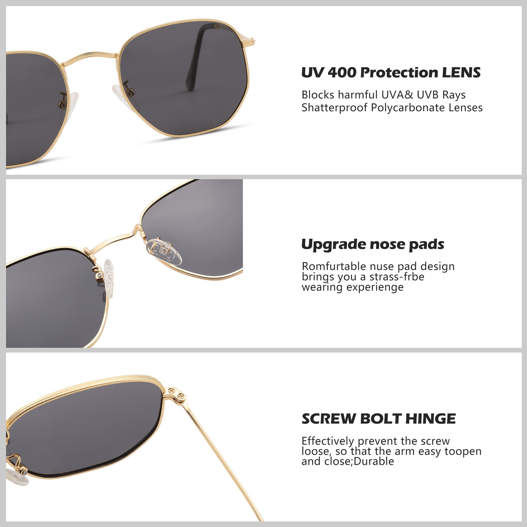 Pro Acme Polarized Hexagon Sunglasses for Women Men Polygon Sunnies Square Metal Frame(Gold/Grey)