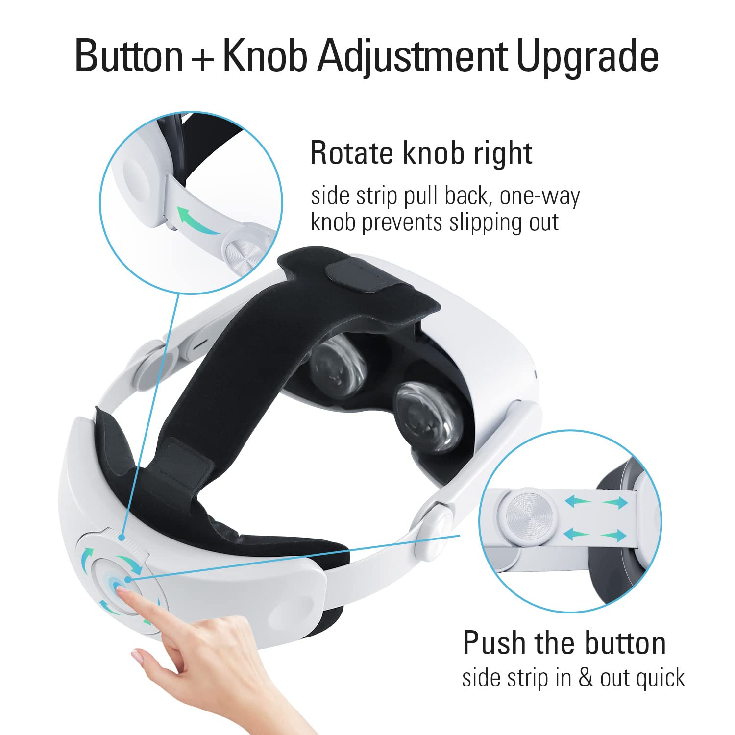 Meta Oculus Quest 2 Head Strap, 2 in 1 Silicone & Sponge Pad Replaceable Vr Headstrap, Button and Knob Dual Adjustment Elite Strap Fit for Adult and Kids.