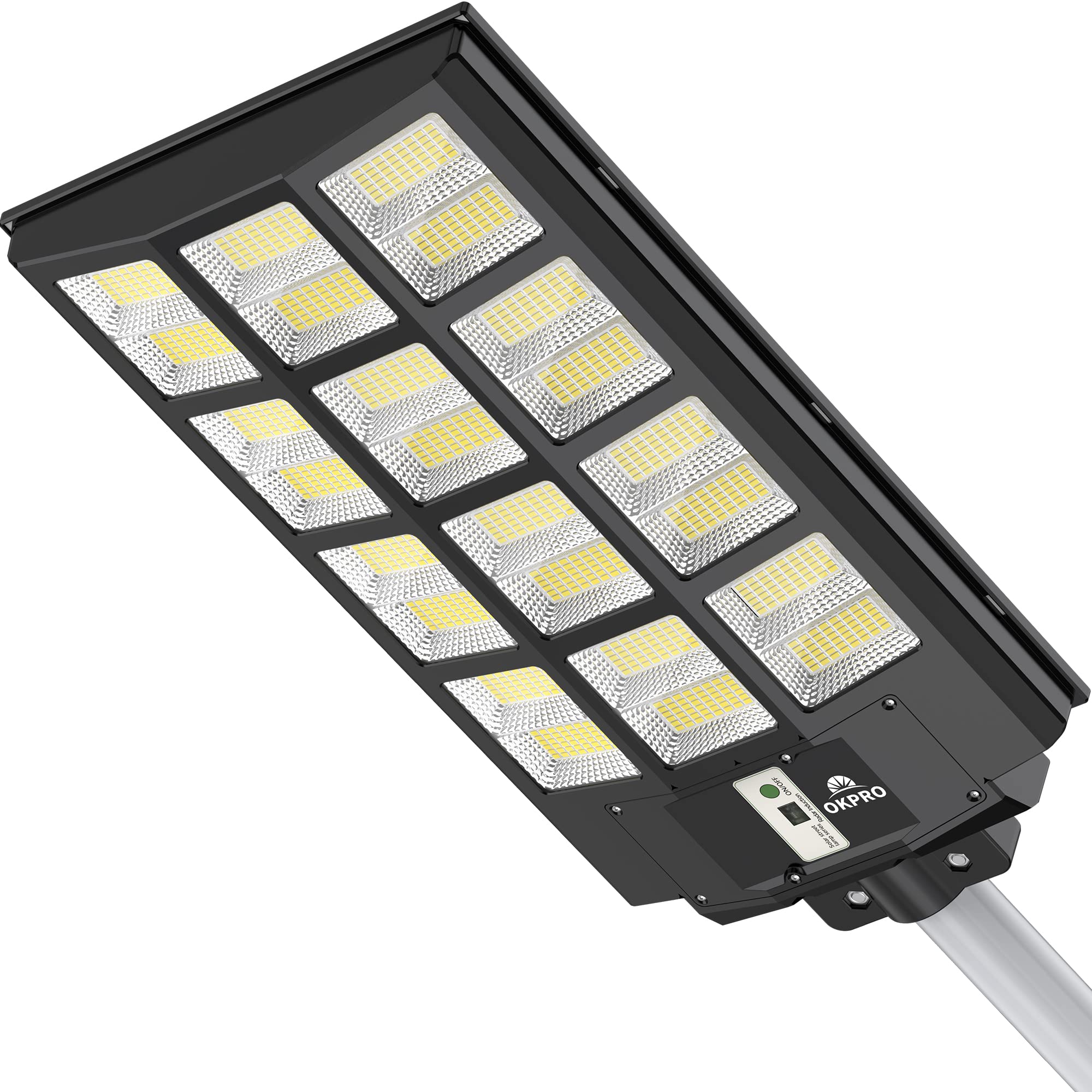 OKPRO S-1152B 1200W Solar Street Lights Outdoor Waterproof, 7000K 120000LM Dusk to Dawn, LED Wide Angle Lamp with Motion Sensor and Remote Control, for Parking Lot, Yard