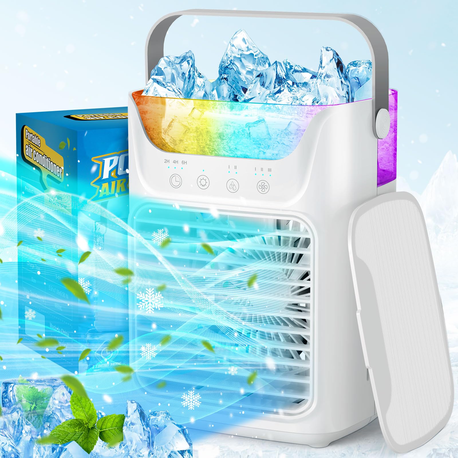 Portable Air Conditioners, Evaporative Personal Air Cooler, 3 in 1 Mini Desktop Spray Fan, 3 Speeds Air Cooler Humidifier with Controllable 7 Color Light for Home, Office, Desk