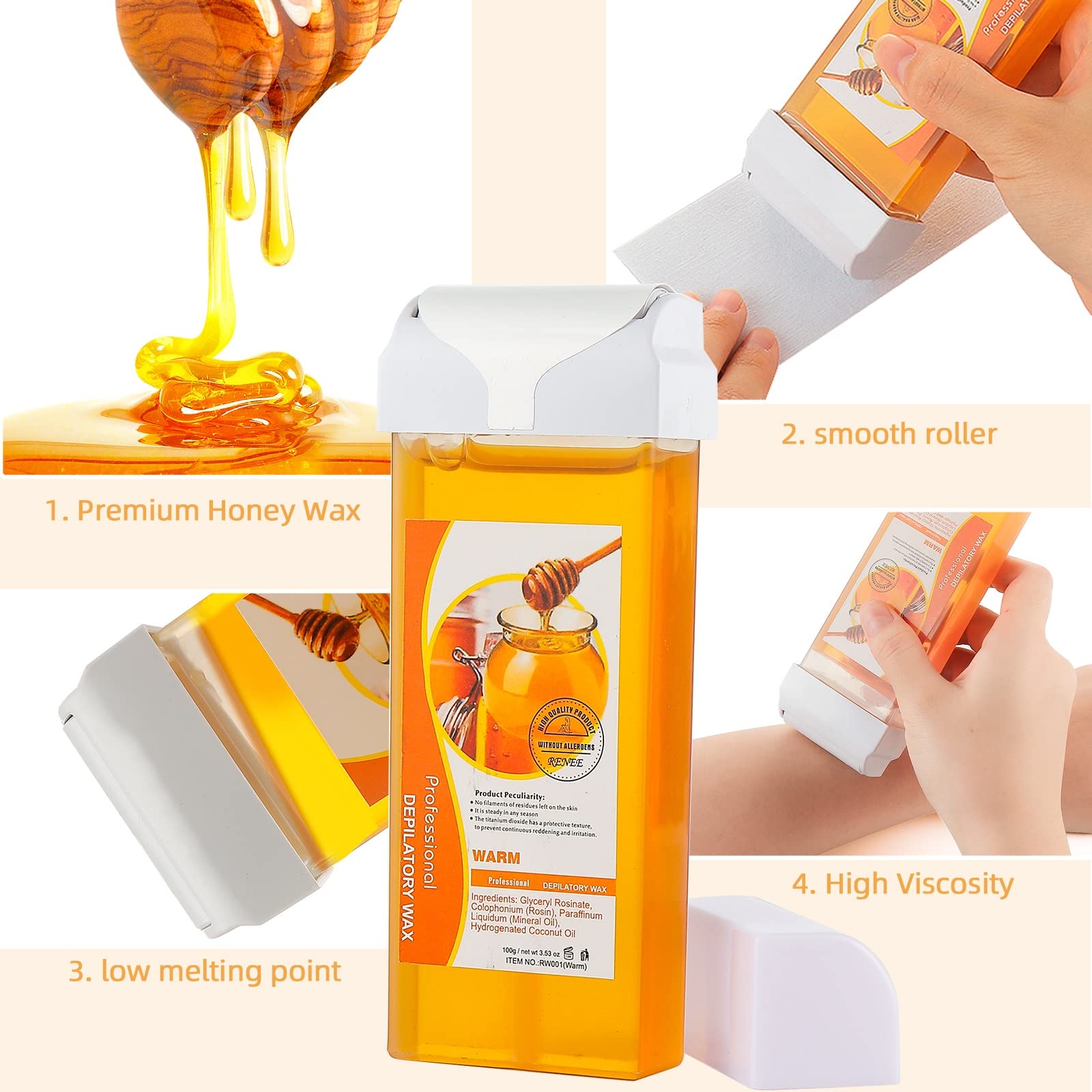 Roll on Wax Kit for Hair Removal, Wax Roller Kit with Wax Warmer Machine/Honey Roller Wax Cartridge/100Pcs Wax Strips, Roll on Wax Warmer kit Men Women, foreverLily