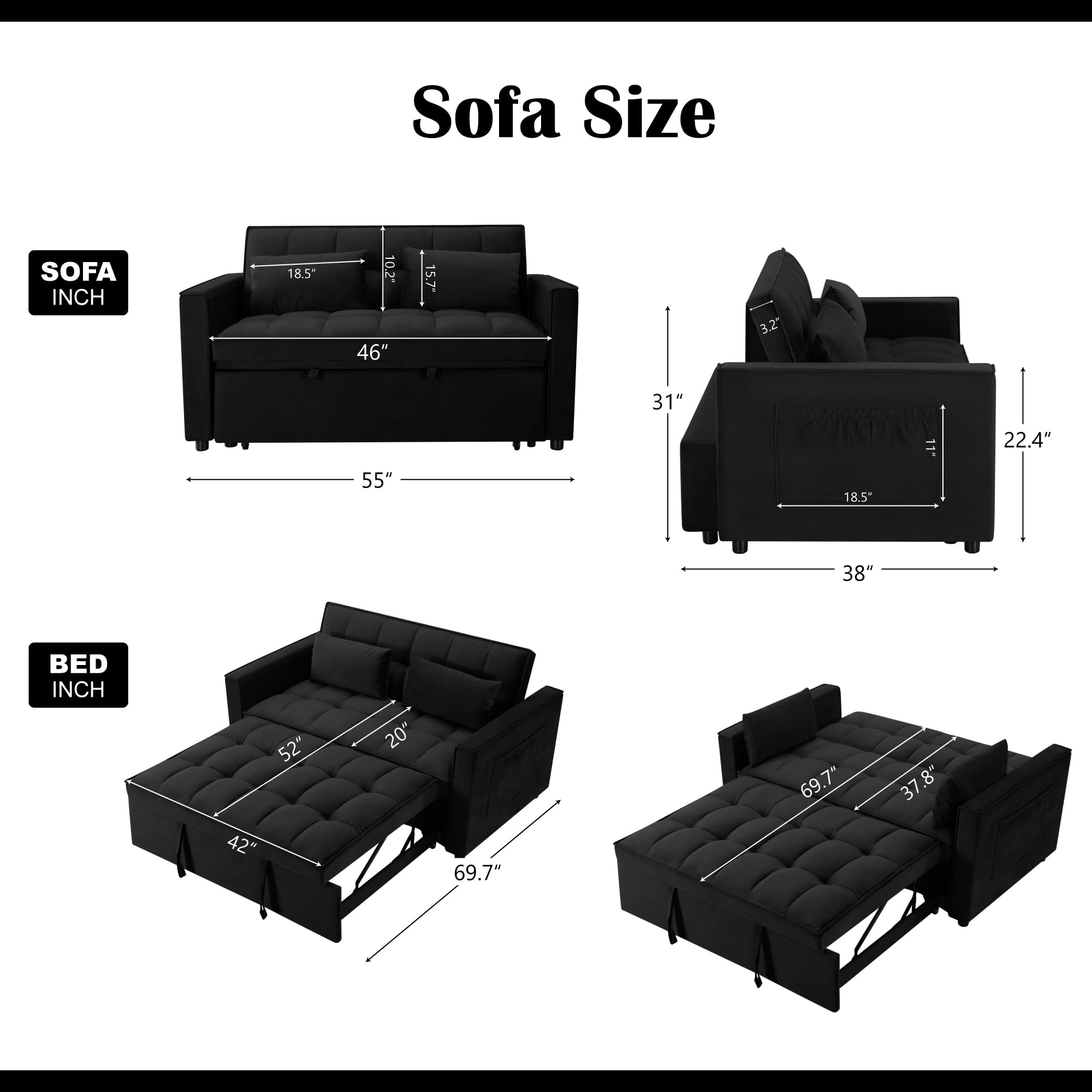 UOCFYK 55" 3-in-1 Sleeper Sofa Loveseat Convertible with 2 Pillows,Velvet Fabric with Side Pocket and Reclining Backrest,Sofa Bed Pull-Out Sleeper Sofa Bed,Upholstered Loveseat for Living Room,Black