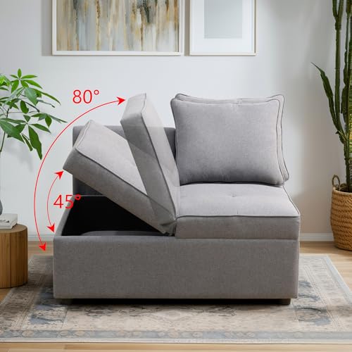UOCFYK Convertible Ottoman Sofa with Storage, Modern Sackcloth Futon Couch with 2 Pillows Adjustable Backrest, Recliner Folding Loveseat for Living Room, Apartment Dorm, Office,Grey