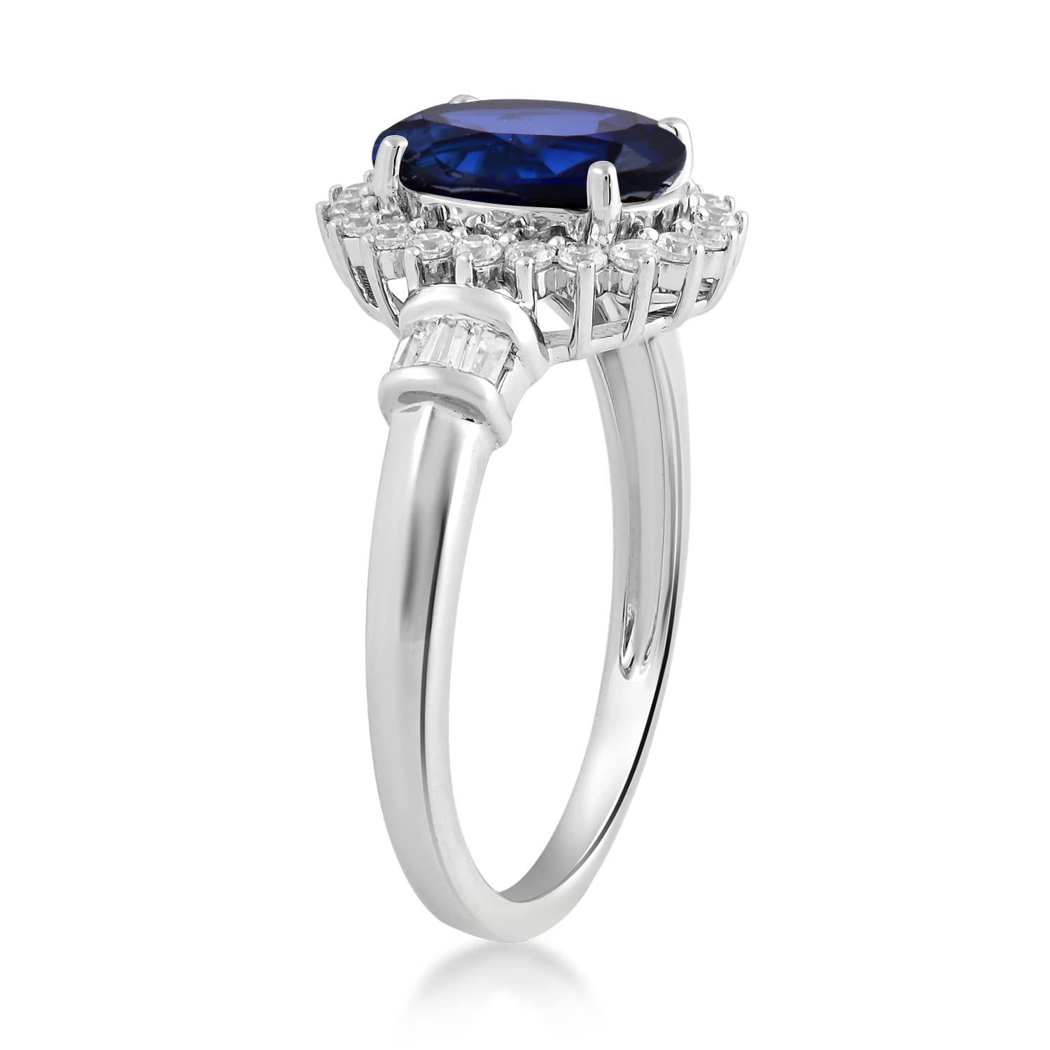 Jewelili Sterling Silver 9X7 MM Oval Created Blue Sapphire with Round and Baguette Created White Sapphire Halo Engagement Ring, Size 7