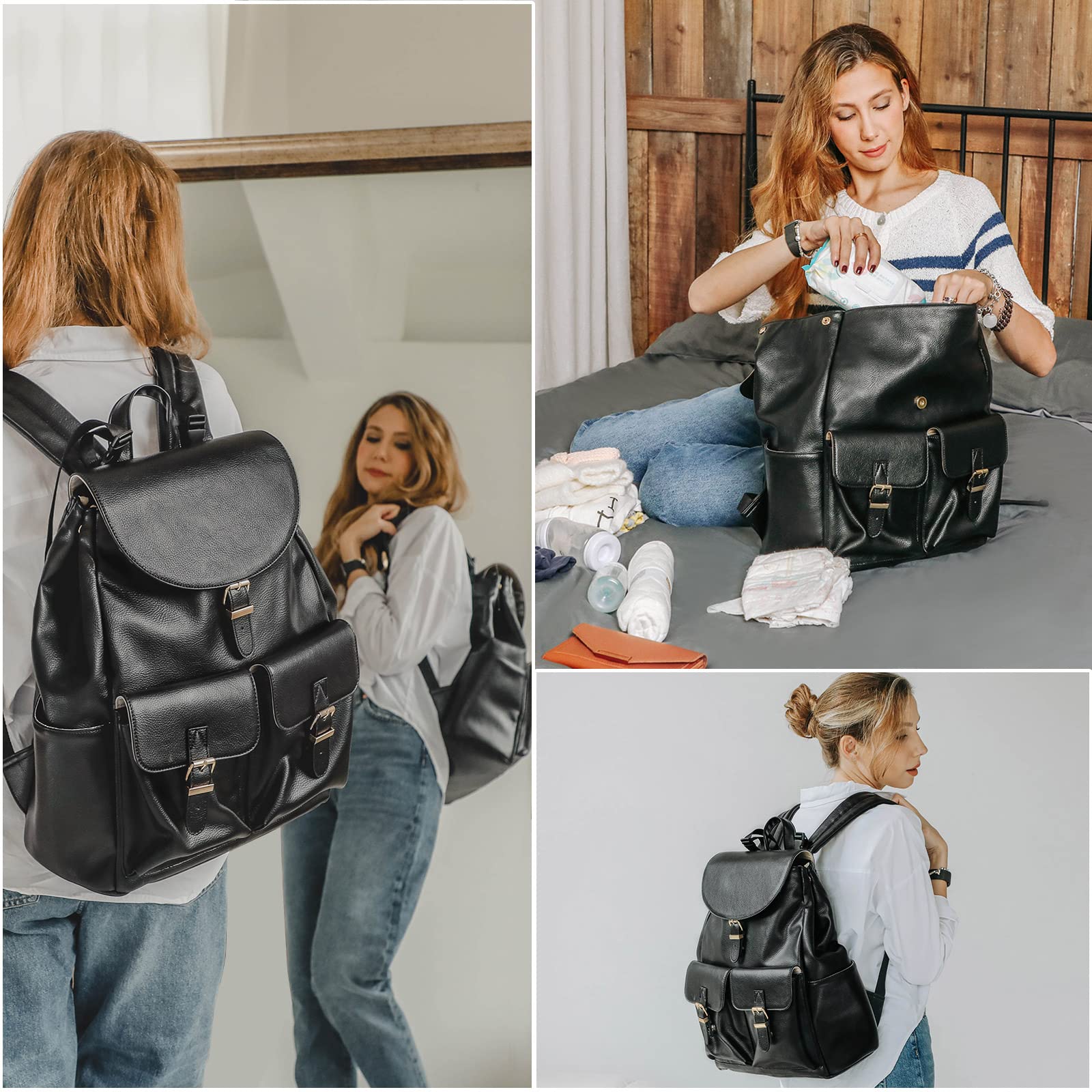 Omanmoli Diaper Bag Backpack Baby Diaper Bag, Leather Diaper Bag, Diaper Bag Organizer with 12 Organizing Pouches,Changing Pad,Shoulder Straps,Stroller Straps(Black)
