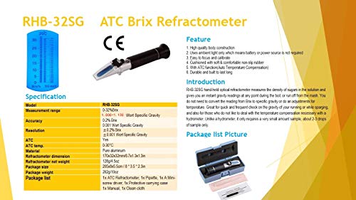 RHB-32SG ATC Beer 0-32% Brix WortSG:1.000-1.130 Optical Refractometer Beer Wort and Wine Refractometer
