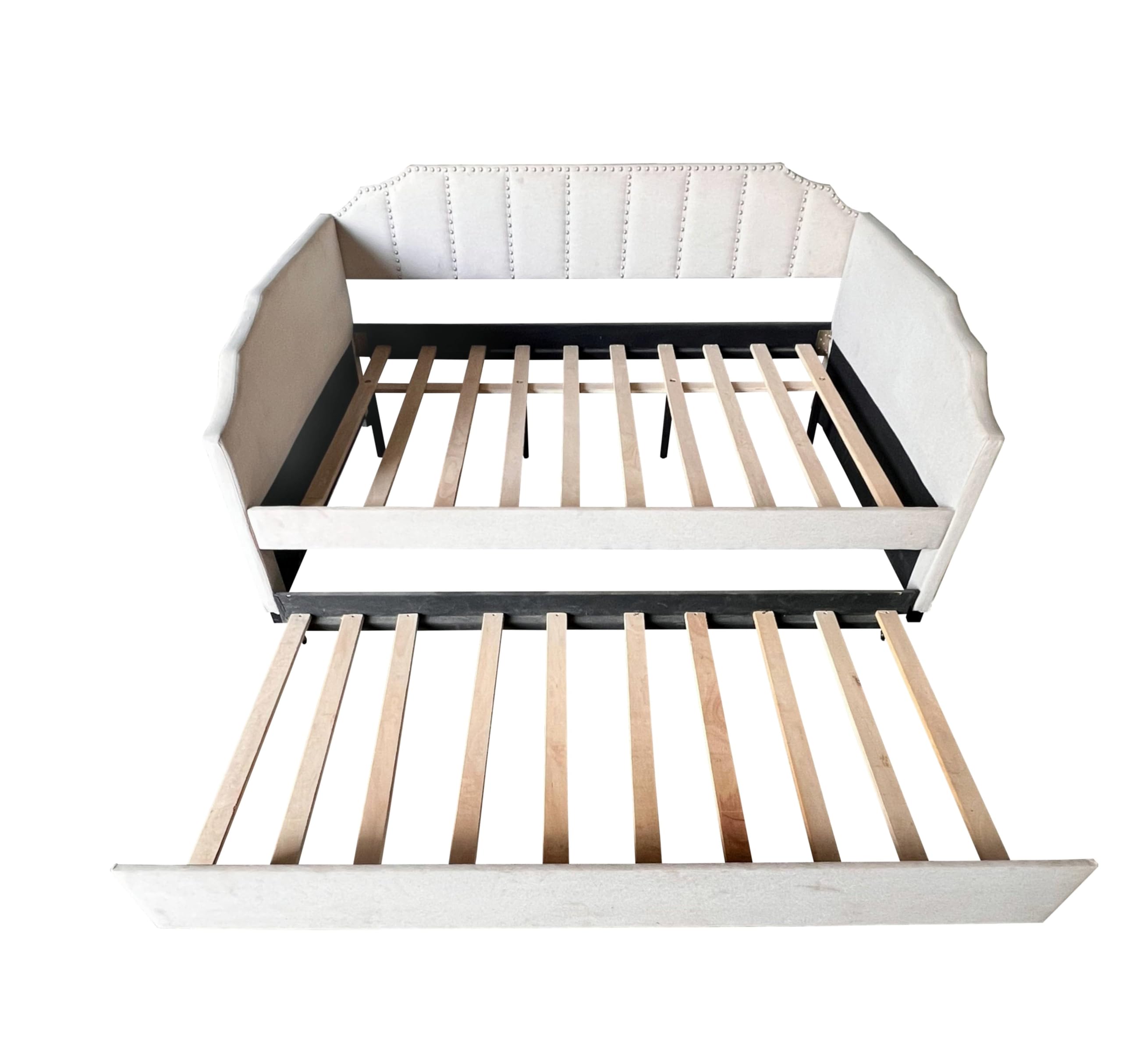 UOCFYK Full Size Upholstered Daybed with Trundle,Modern Wood Platform Bed w/Side Stripes,Space Saving Design, Wooden Slat Support, No Spring Box Need for Bedroom, Living, Guest Room,Beige