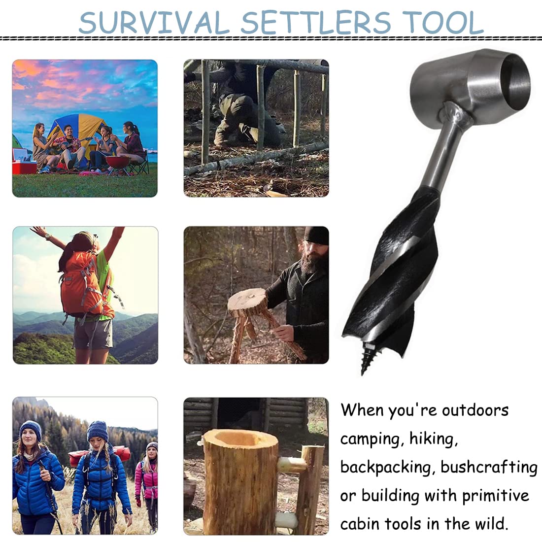 SeonFook Survival Settlers Tool Bushcraft Hand Auger Wrench Wood Drill Bit Manual Auger Wood Peg and Hole Maker Multitool for Camping, Bushcrafting and Outdoor Backpacking