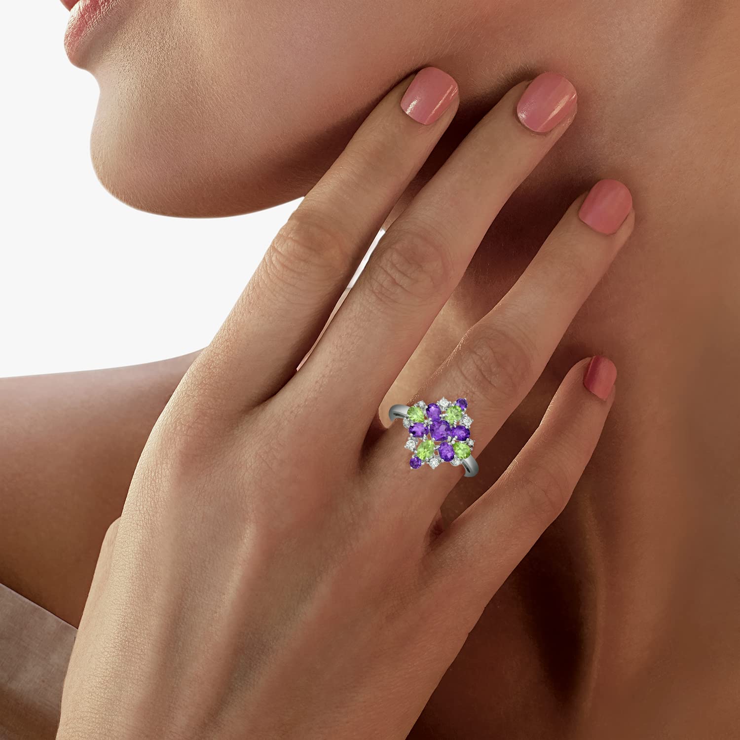 Jewelili Sterling Silver 4 MM Cushion Cut, 4x3 MM Oval and Round Amethyst with 4x3 MM Pear and Oval Cut Peridot and Diamond Accent Engagement Ring Size 7