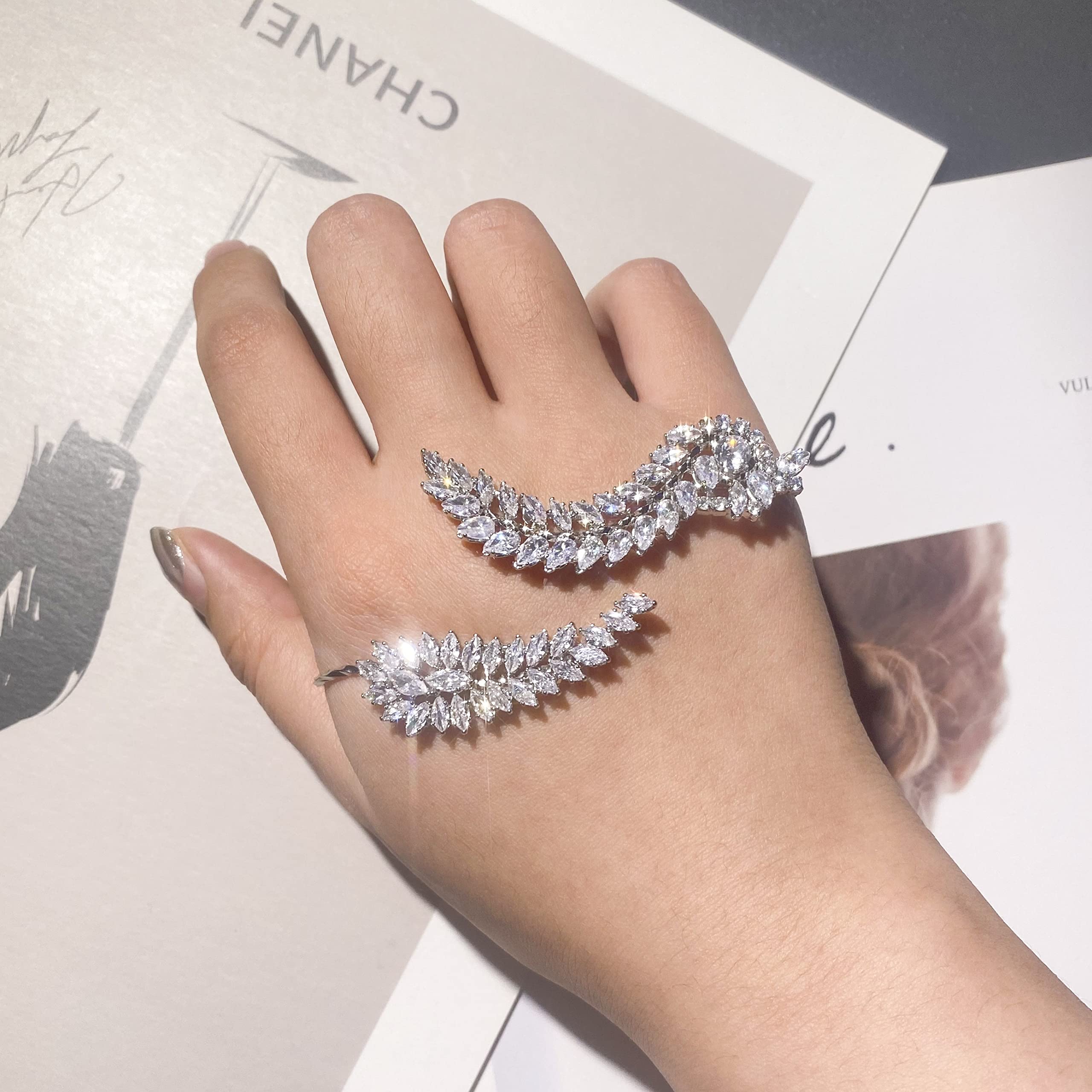 Mytys Silver Adjustable Palm Rings for Women-Cubic Zirconia Open Hand Palm Bracelet Ring-Full CZ Multiple Finger Ring (Eternity Branch Silver)