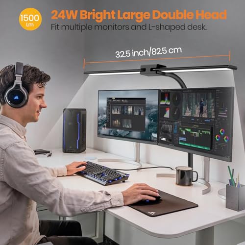 LASTAR LED Desk Lamp with Remote Control & 32.5" Wide Double Head, Architect Desk Lamp for Home Office with Clamp, Timer, 24W Ultra Bright Gooseneck Desk lamp for Computer Reading, Black