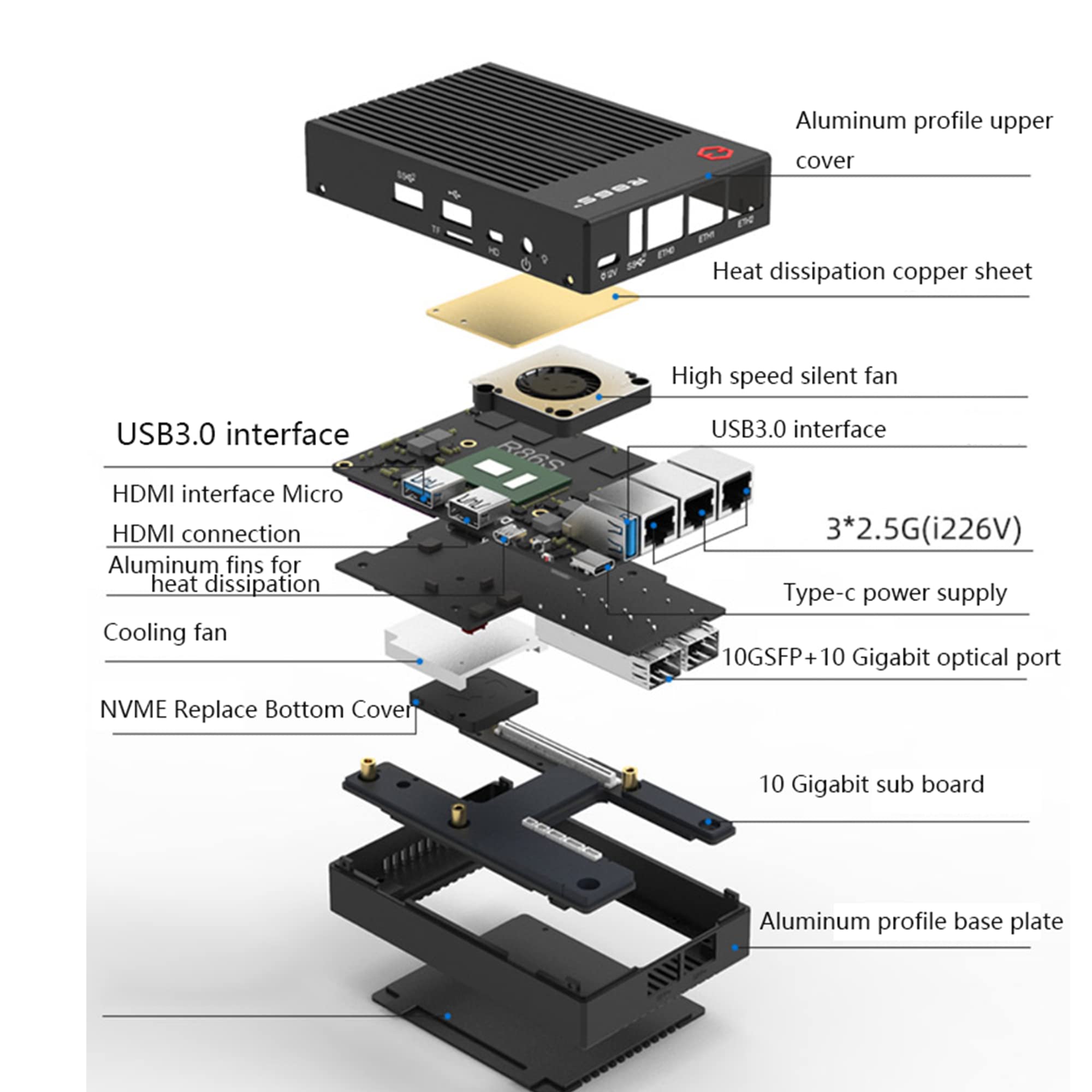 R86S Soft Routing Multi-net Port, Intel Mini Host N5105 N6005 8GB/16GB 10 Gigabit Fiber Port 2.5G (G3 Black)